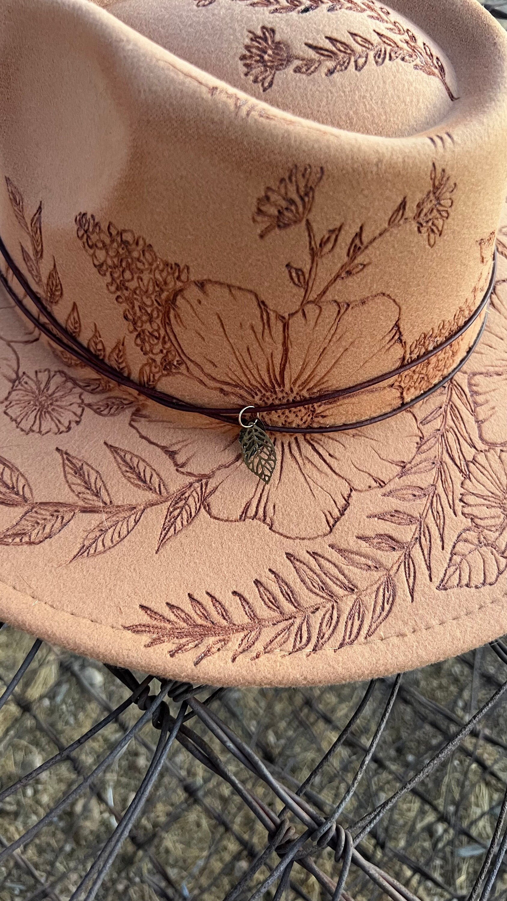 Beautiful Original Floral Freehand Custom Felt Burned Wide Rim Fedora ...