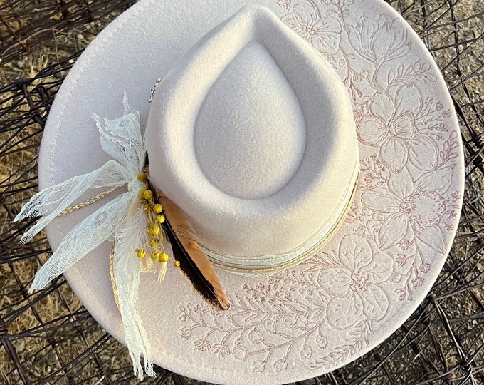Beautiful Original Floral Freehand Custom Felt Burned Wide Rim Fedora ...
