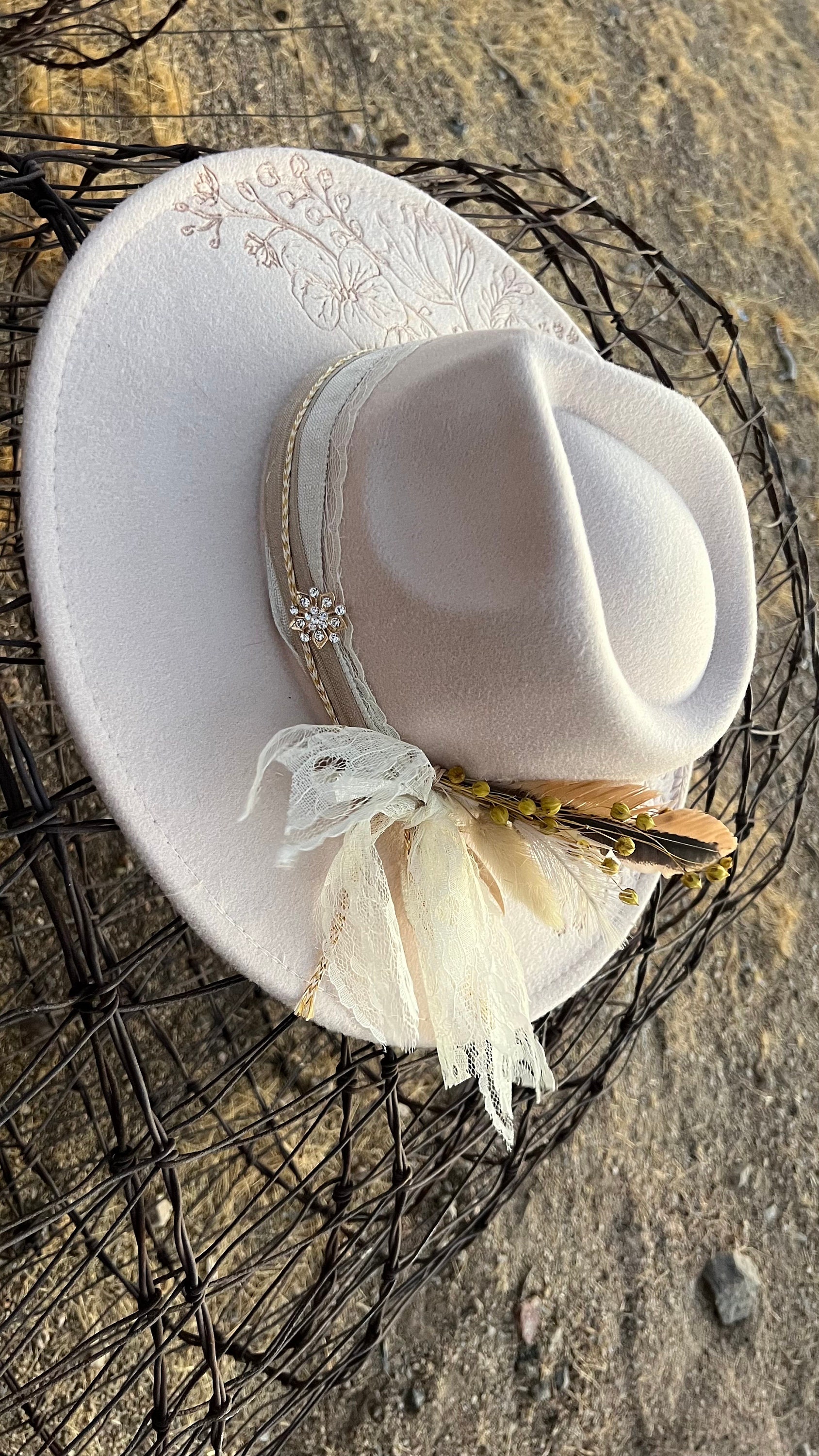 Beautiful Original Floral Freehand Custom Felt Burned Wide Rim Fedora ...