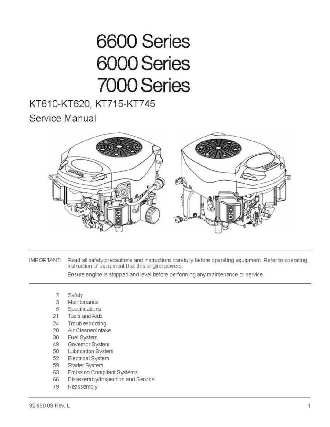 Fits Kohler - KT610 KT620 KT715 KT725 KT735 KT745 Engine Workshop ...