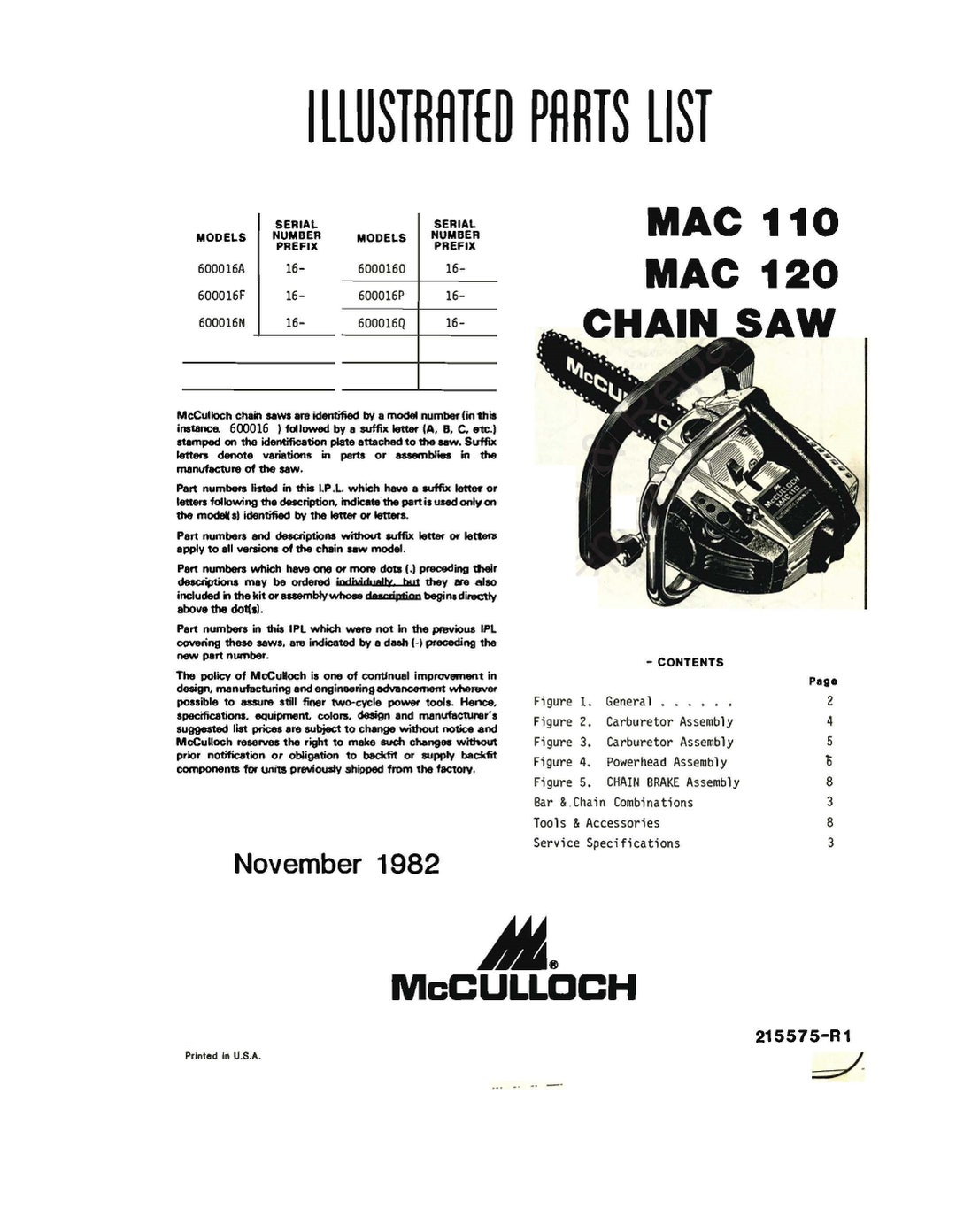Mac 110 120 Chainsaw Illustrated Parts List Manual Fits Mcculloch 1982 ...
