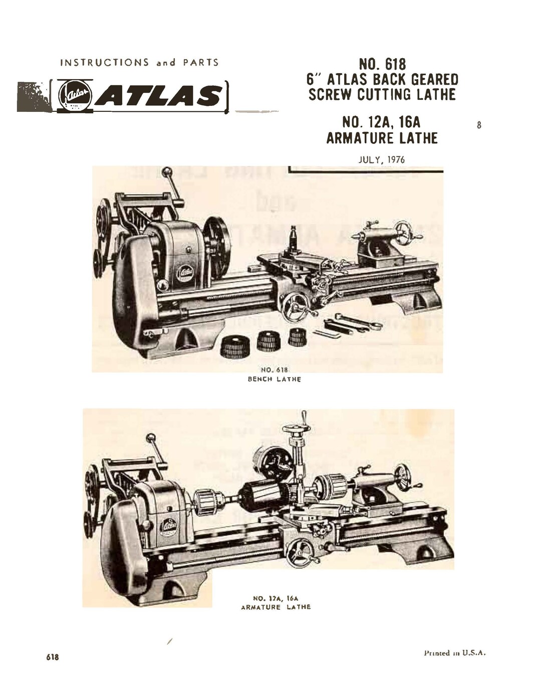 618 Back Geared Screw Cutting Lathe Operator & Parts Manual Fits Atlas ...