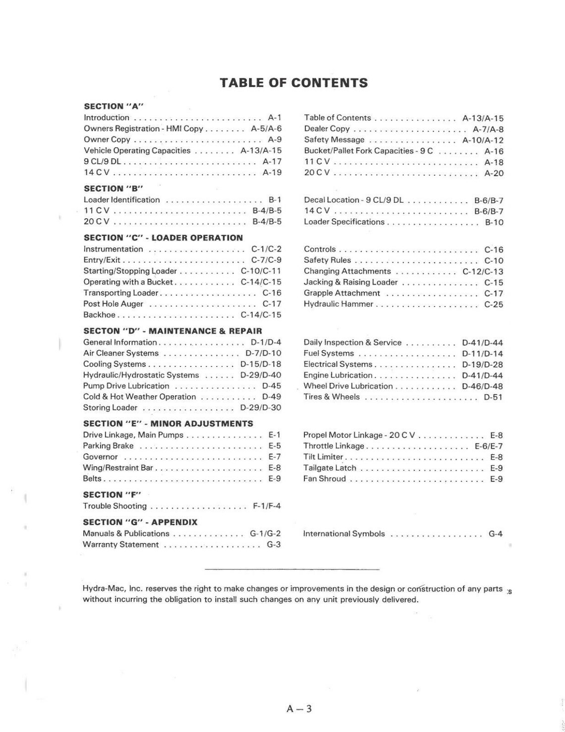 Tractor Operator Manual Hydra-mac 9 CL 9 DL 11 C-V Skid Loader Gas ...