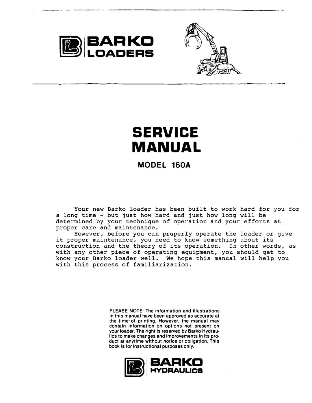 160A Truck Mount Loader Service Repair Manual Fits Barko - Etsy