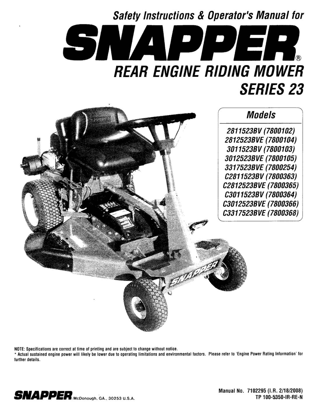 23 Rear Engine Riding Mower Operator Maint Manual Fits Snapper Series ...