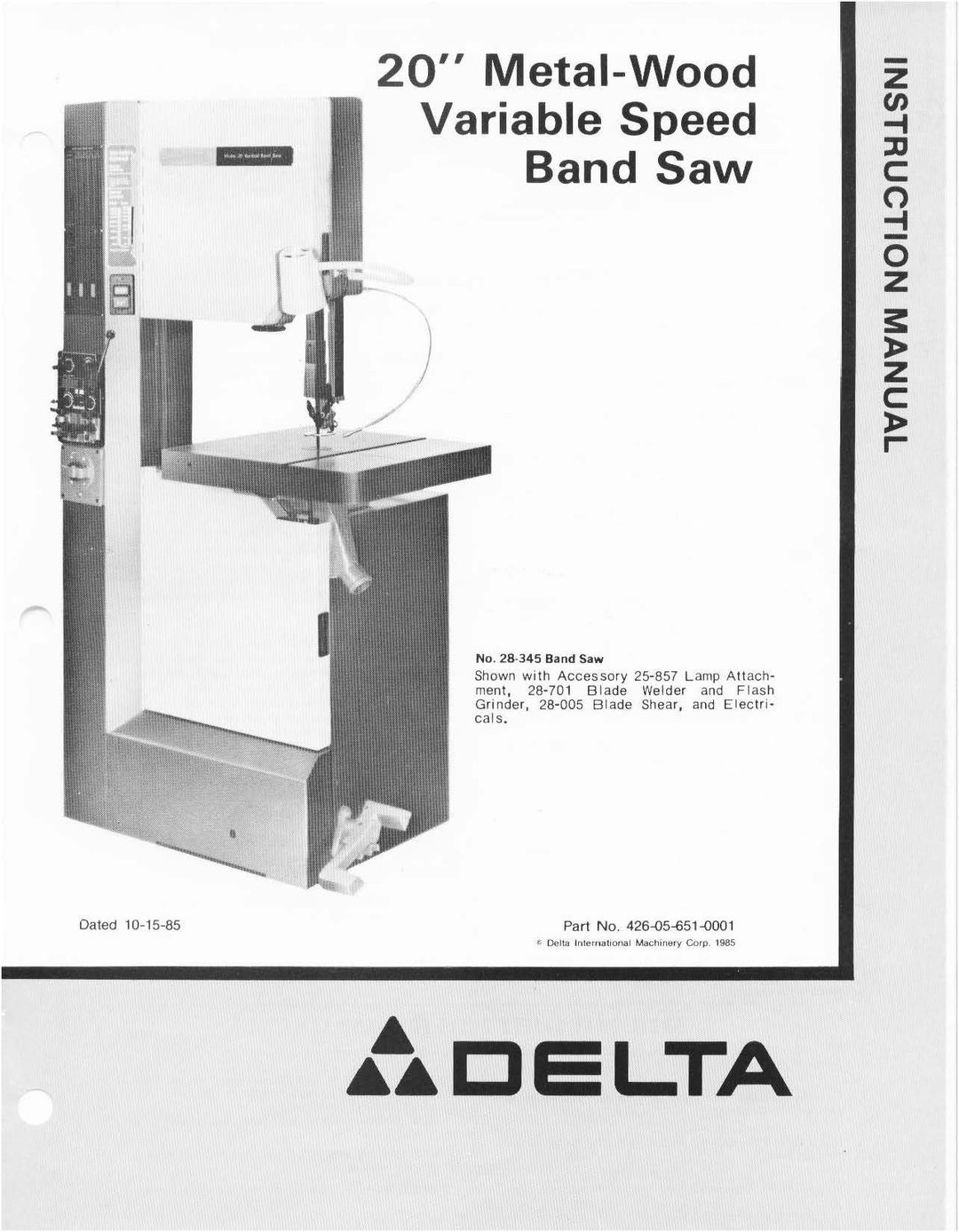20inch Metal-wood Variable Speed Band Saw Operator Manual Fits Delta 28 ...