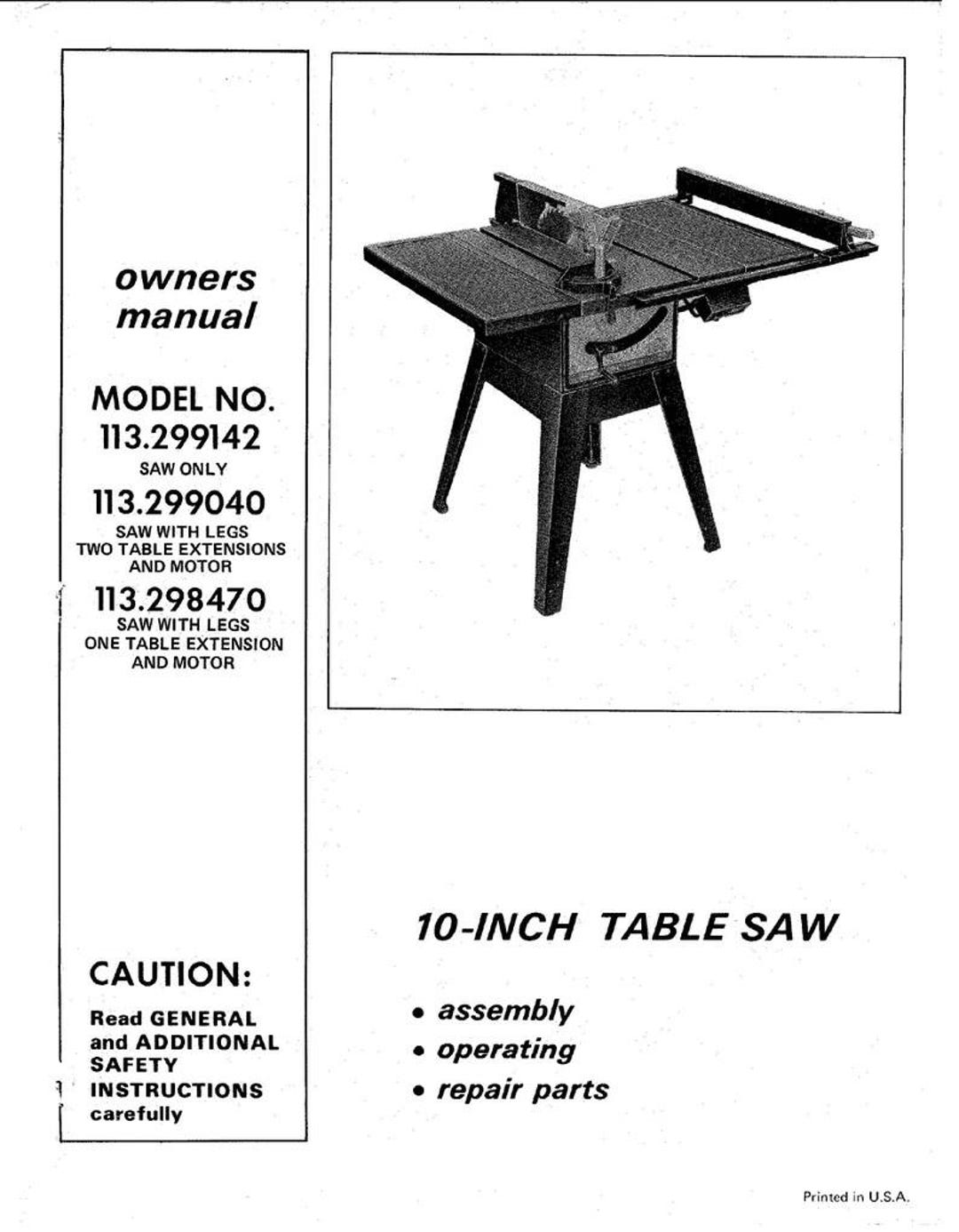 Paper Manual - Table Saw Instruction Manual Fits 10" 113.298470 113. ...