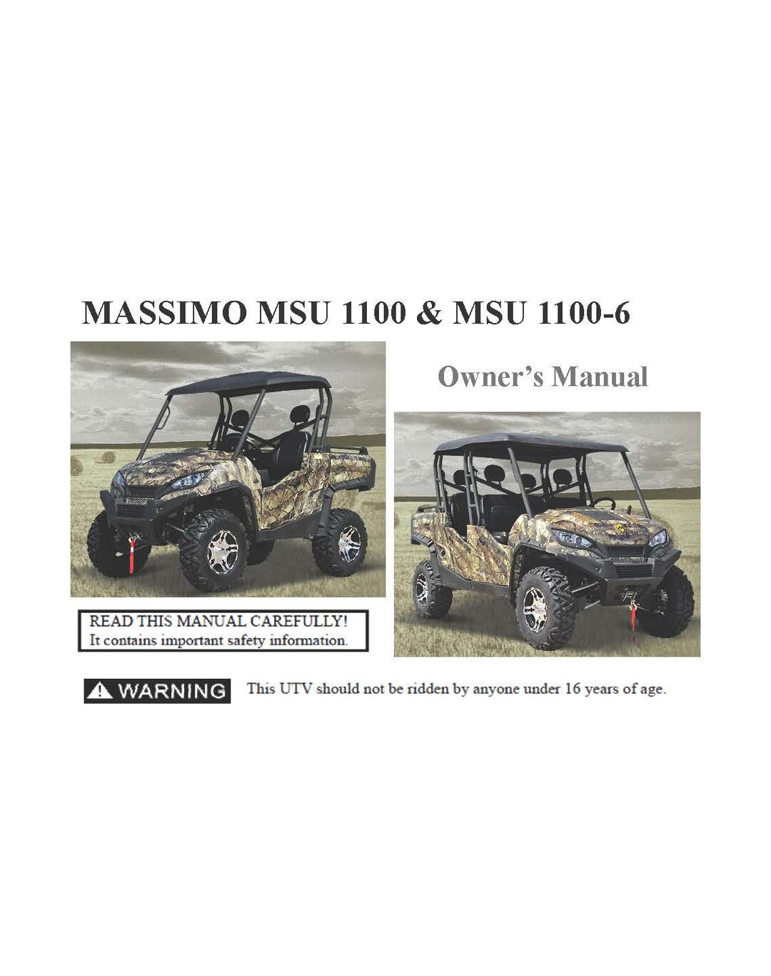 Side by Side Owners Instruction Maintenance Manual Massimo MSU 1100 UTV ...