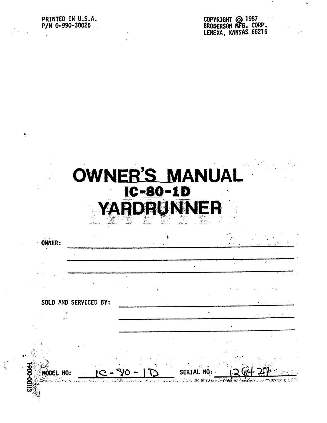IC-80-1D Yardrunner Owners Operator Maint Manual Fits Broderson 0-990 ...