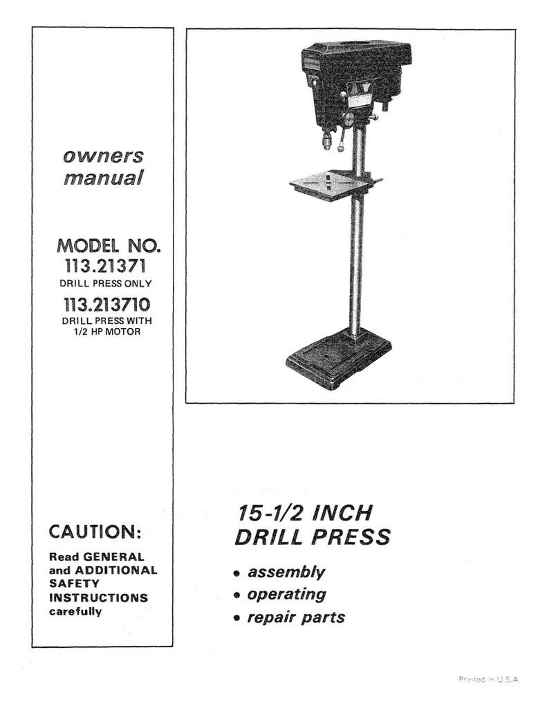 Paper Manual - Drill Press Operator Manual Fits 15 1-2 Inch 113.21371 ...