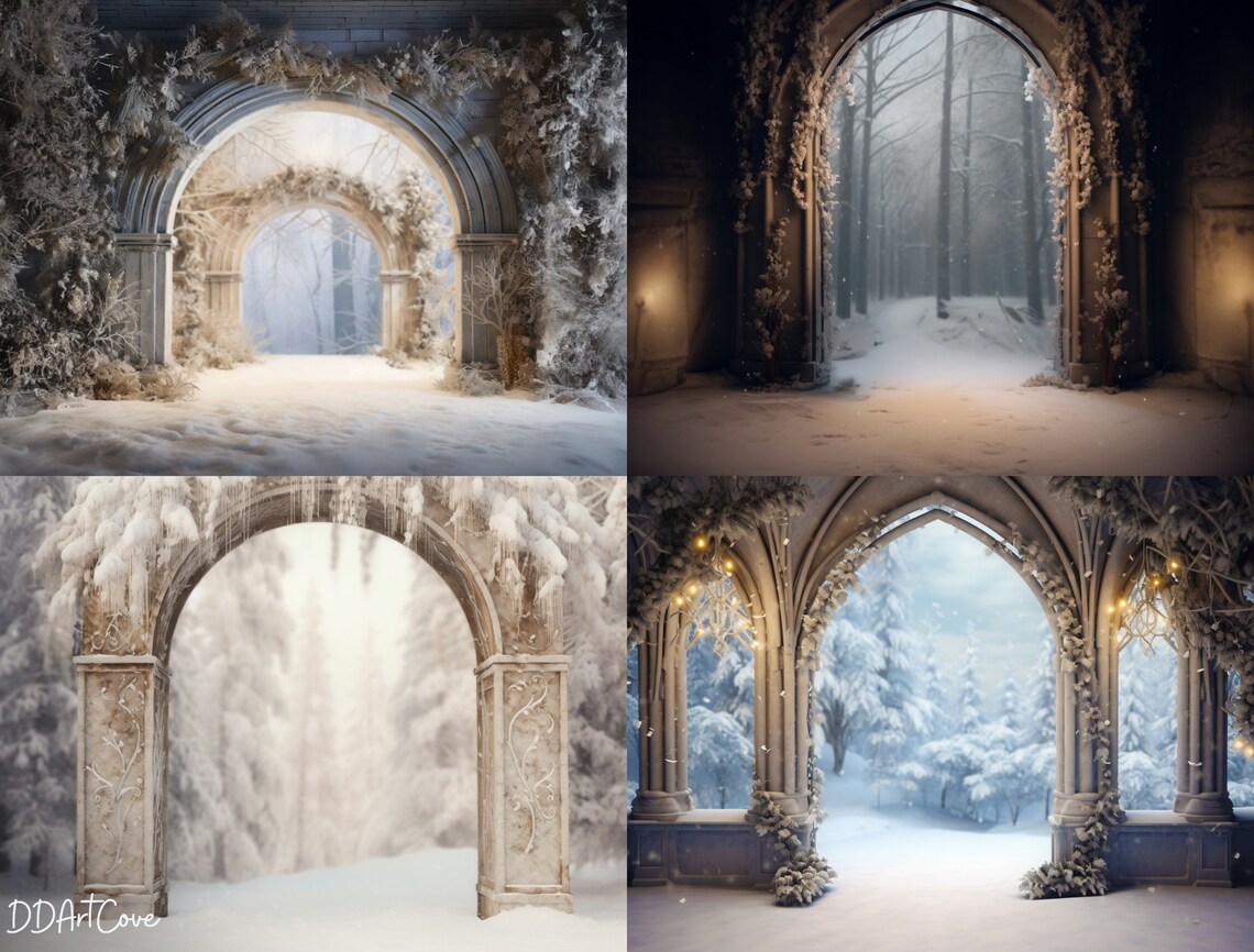 12x Snowy Arch Backdrops, Winter Digital Backgrounds, Studio Backdrop ...