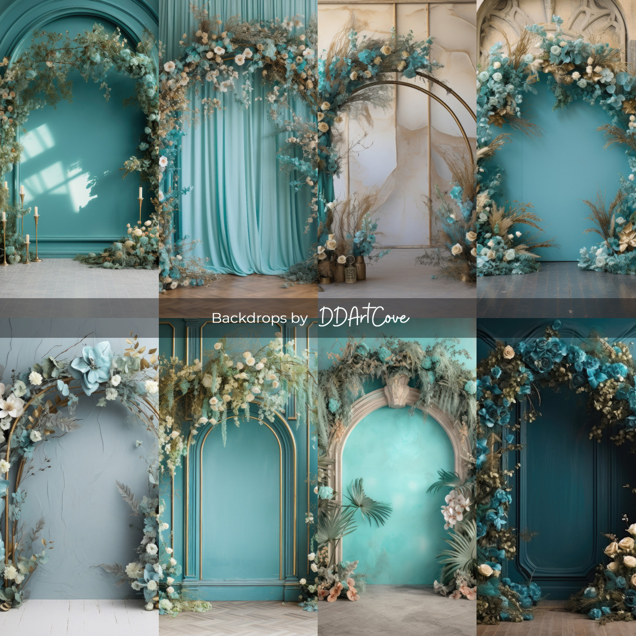 8 Turquoise Floral Backdrops, Fine Art Digital Backgrounds, Backdrop ...