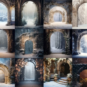 12x Snowy Arch Backdrops, Winter Digital Backgrounds, Studio Backdrop ...