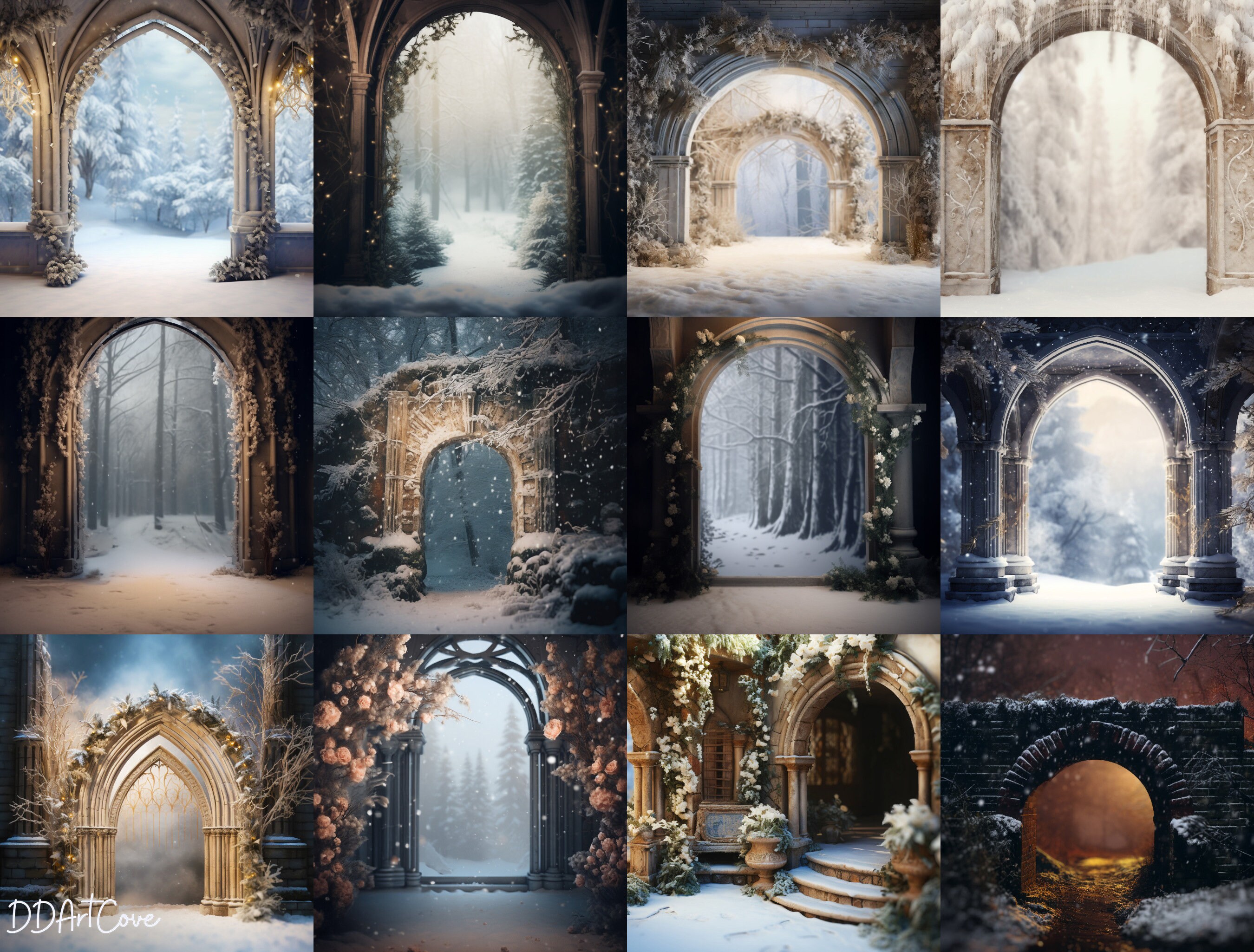 12x Snowy Arch Backdrops, Winter Digital Backgrounds, Studio Backdrop ...