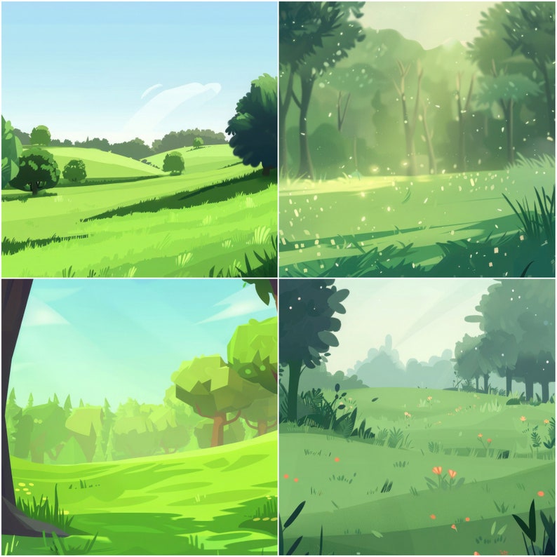 28 Cartoonish Green Fields Backdrop Bundle, Animated Digital ...