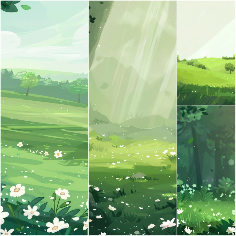 28 Cartoonish Green Fields Backdrop Bundle, Animated Digital ...