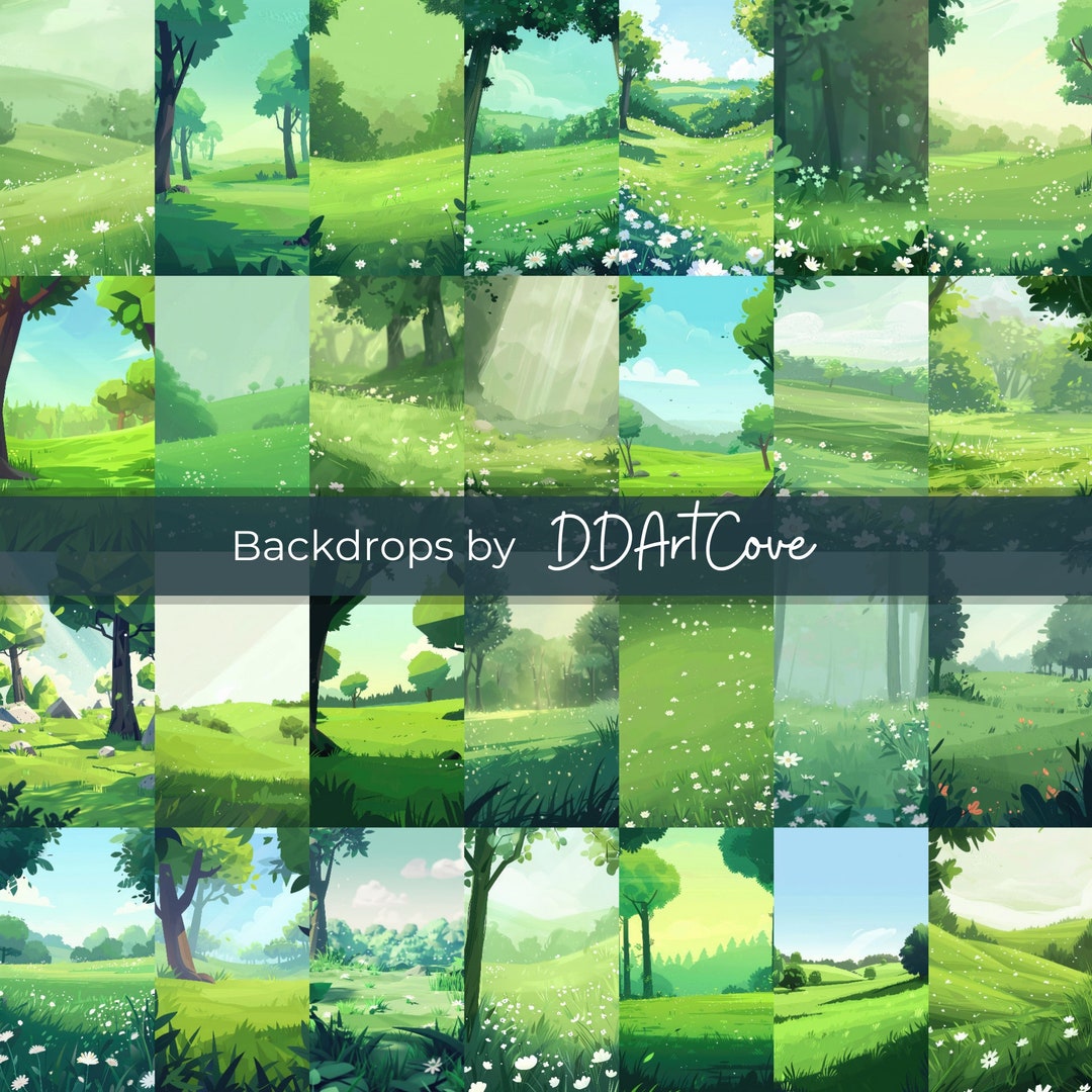 28 Cartoonish Green Fields Backdrop Bundle, Animated Digital ...