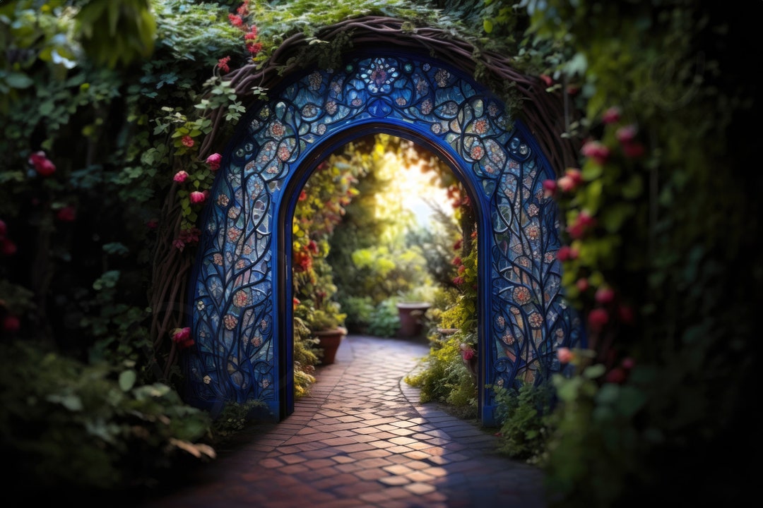Blue Gated Garden Arch Backdrop, Digital Backgrounds, Studio Backdrop ...