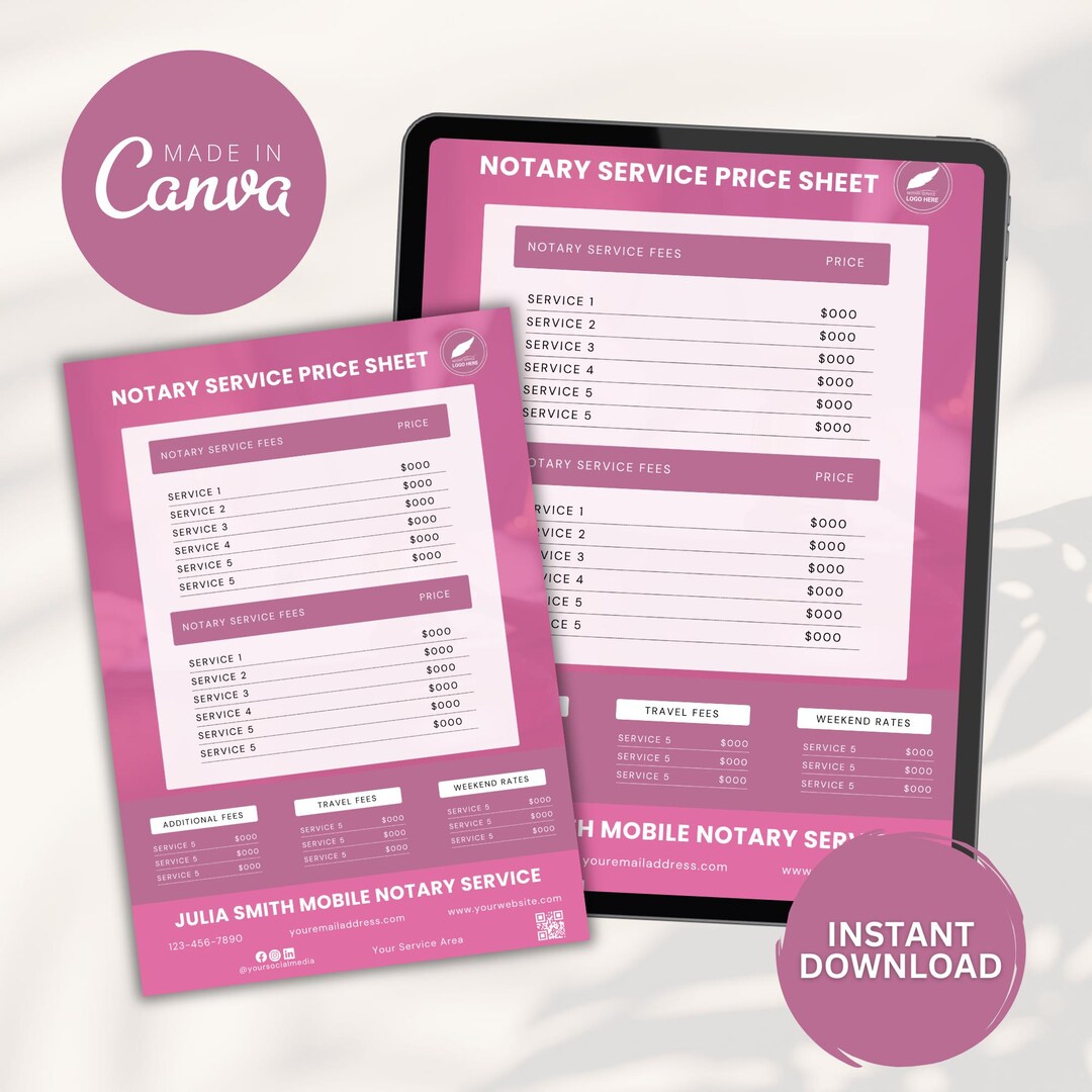 Price List Template, Editable Price List Template Canva, Notary Price ...