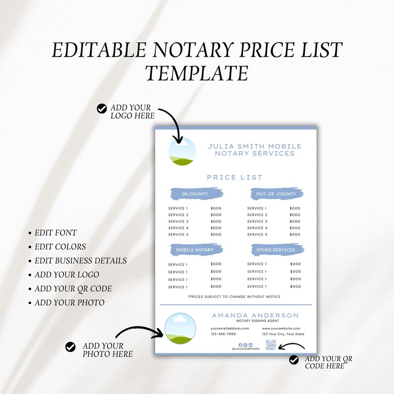 Price List Template, Editable Price List Template Canva, Notary Price ...
