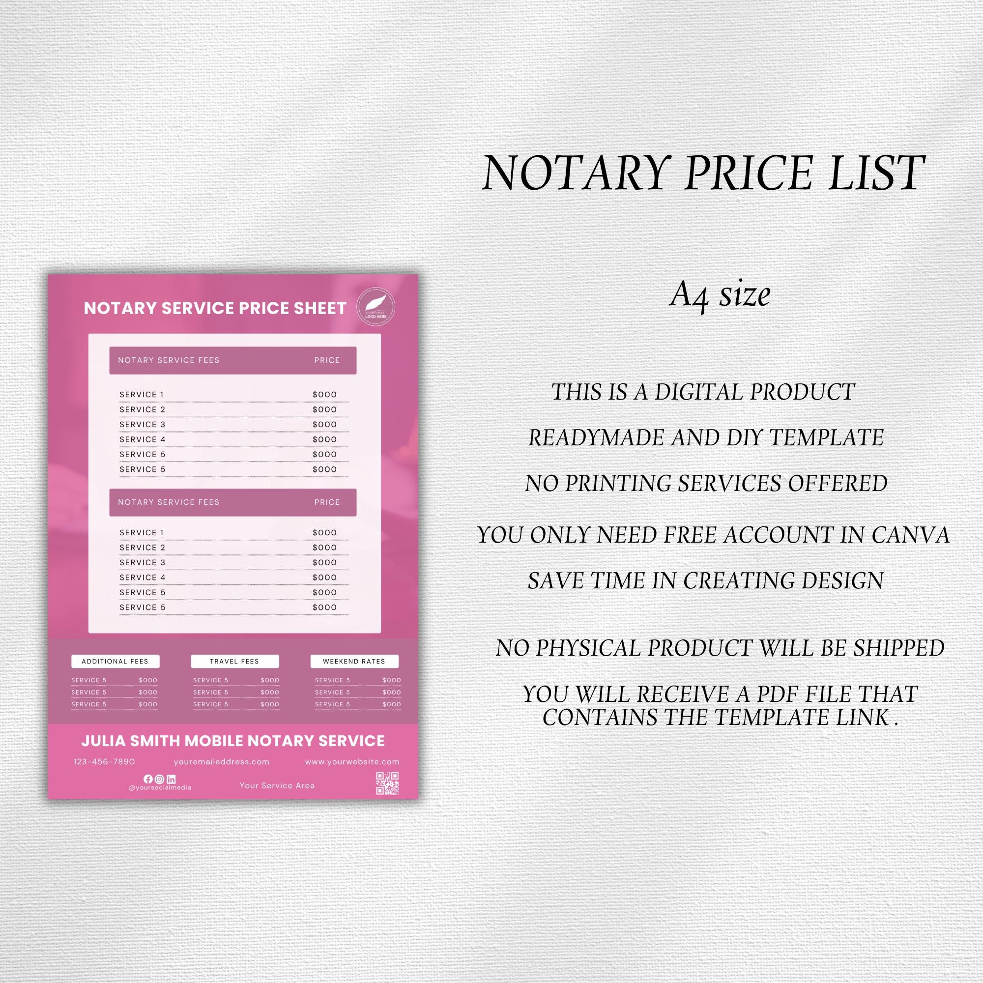 Price List Template, Editable Price List Template Canva, Notary Price List, Printable Pricing ...