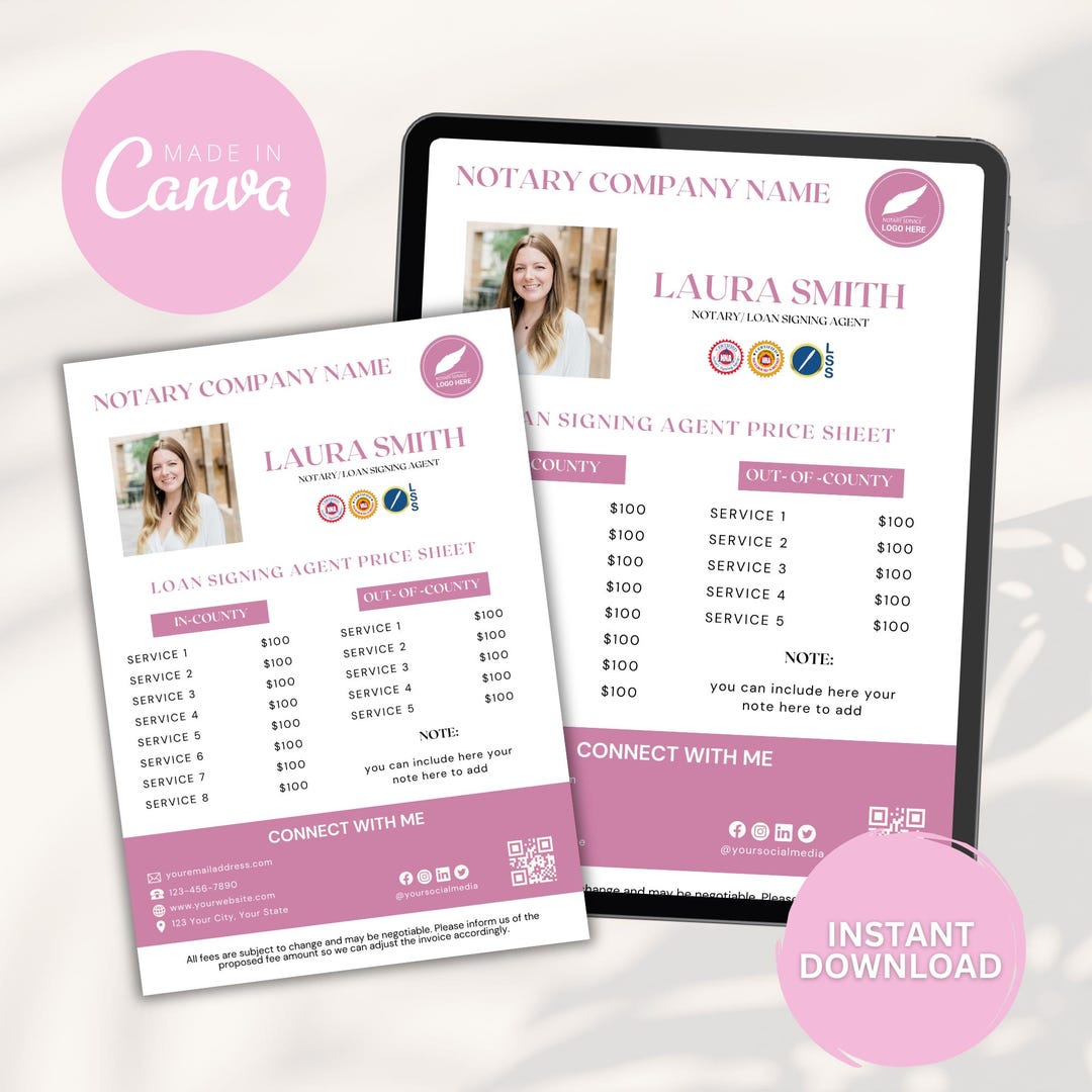 Notary Price List Template: Pink Pricing Guide Canva (digital Download ...
