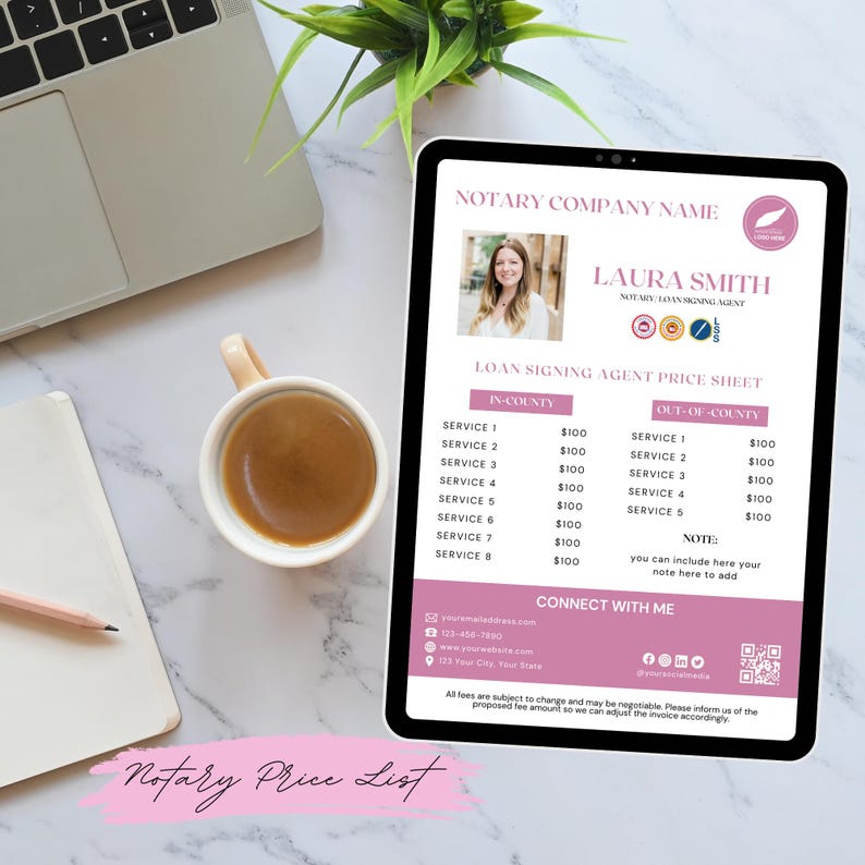 Notary Price List Template: Pink Pricing Guide Canva (digital Download ...