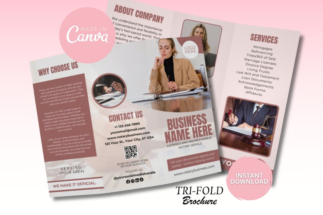 Trifold Brochure Template, Notary Trifold Brochure, Editable Brochure ...