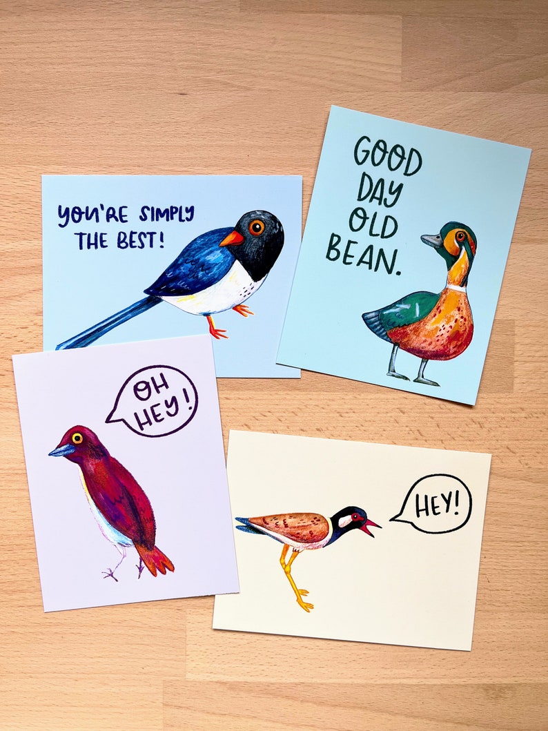 Set of 4 Funny Bird Postcards - Birb Art, Quirky Animal Illustrations ...