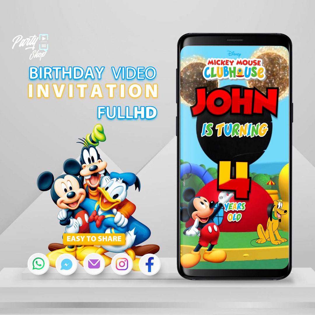 Mickey Mouse Invitation, Mickey Mouse Video Invitation, Party, Birthday ...