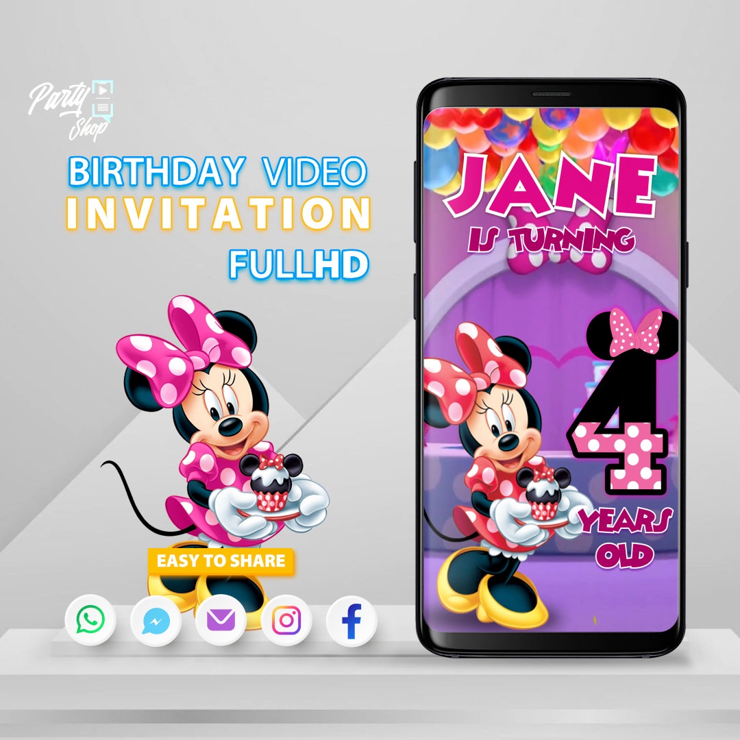 Minnie Mouse Invitation, Minnie Mouse Video Invitation, Party, Birthday ...