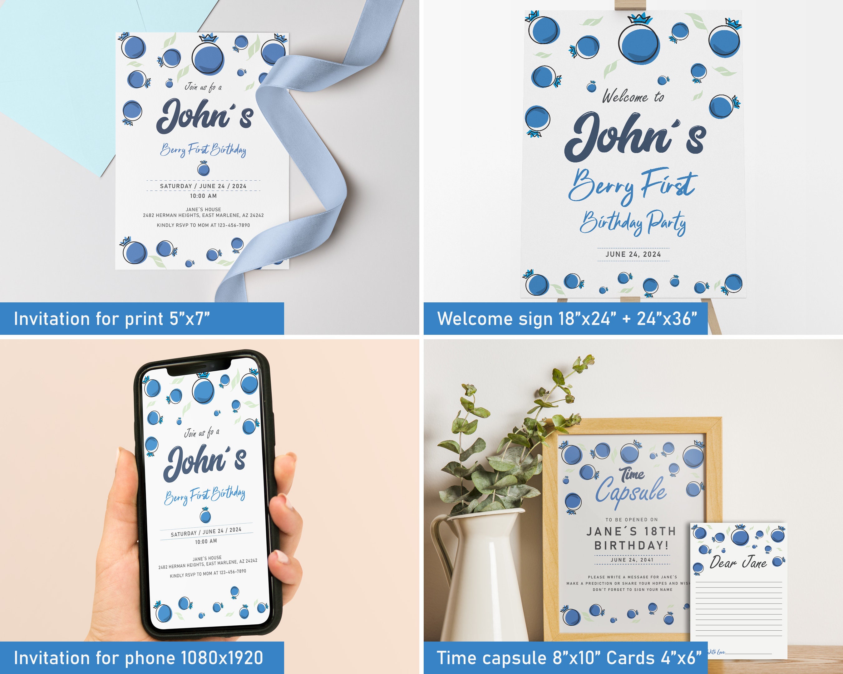 Blueberry First Birthday Invitation Bundle, Printable Blueberry First ...