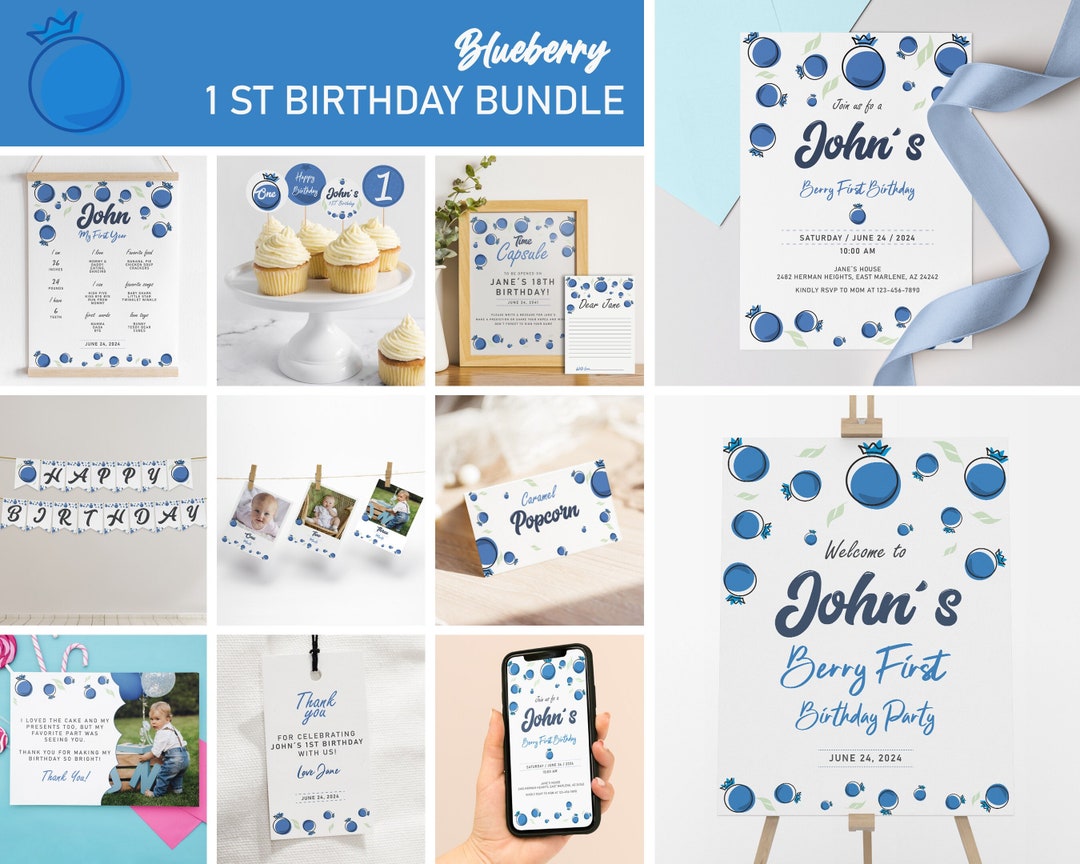 Blueberry First Birthday Invitation Bundle, Printable Blueberry First ...