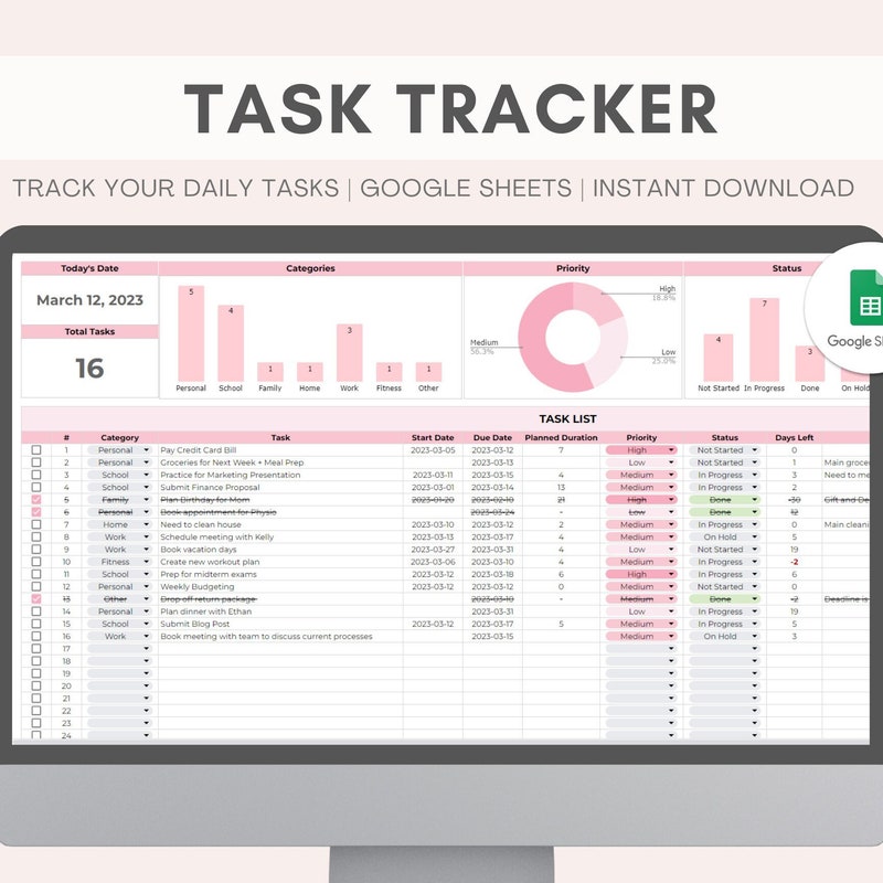 Task Tracker Spreadsheet - Etsy