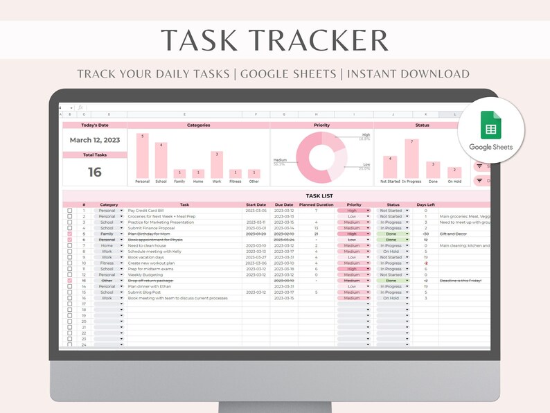 Task Tracker Spreadsheet Google Sheets to Do List - Etsy Canada