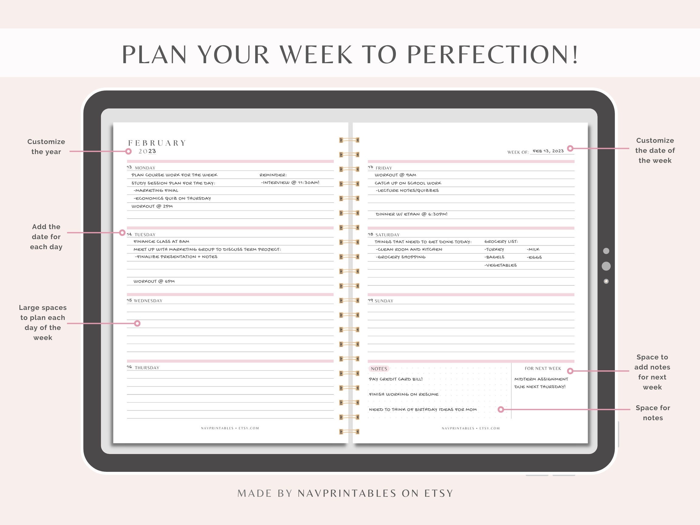 Weekly Planner | Planner Printable | WO2P Horizontal Layout | Week at a ...