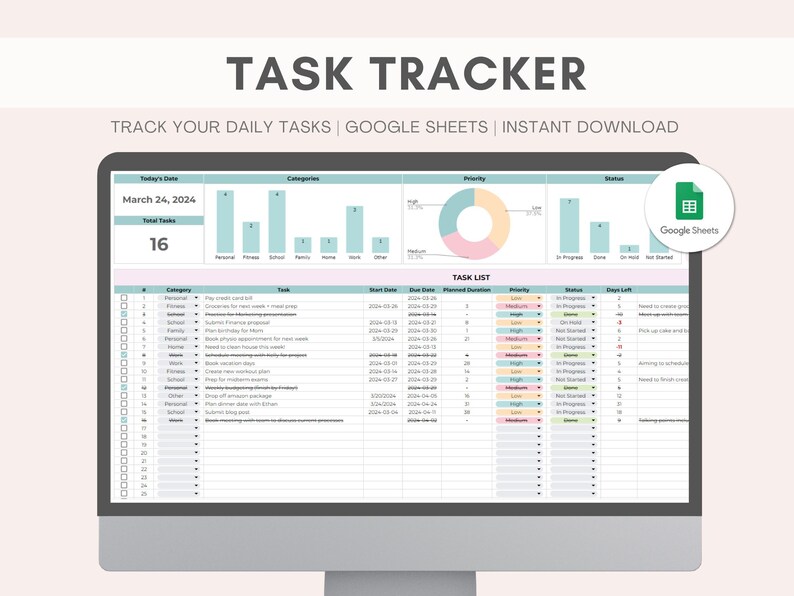 Task Tracker Spreadsheet Daily, Weekly, Monthly to Do List Task List ...