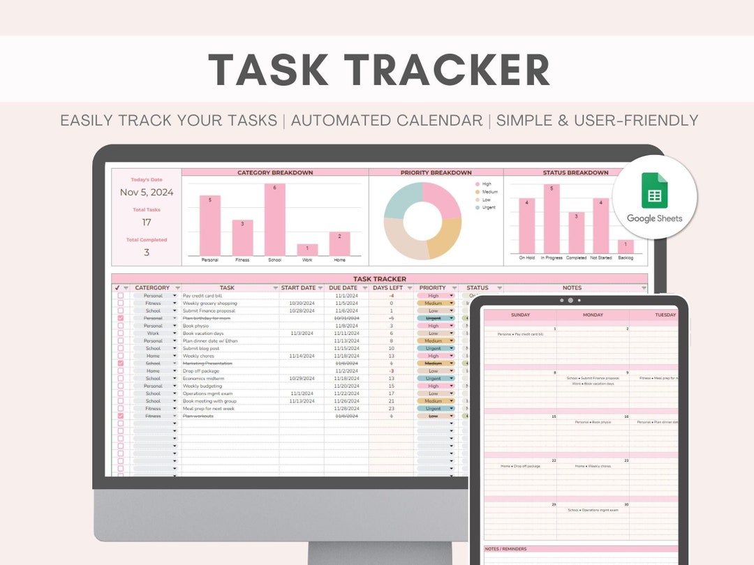 Task Tracker Spreadsheet | to Do List | Smart Calendar | Project ...