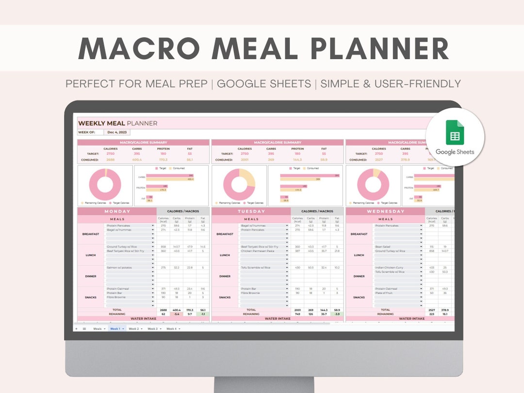 Macro Meal Planner | Digital Meal Prep | Weekly Meal Planner Spreadsheet | Calorie Tracker ...