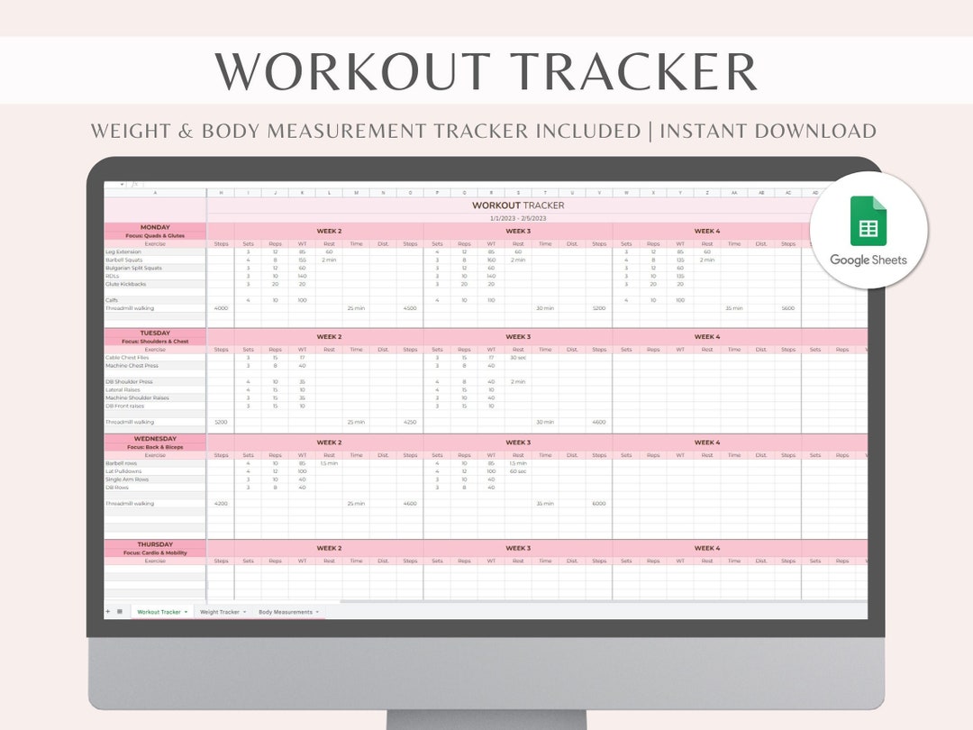 Workout Tracker Spreadsheet Google Sheets Fitness Journal - Etsy