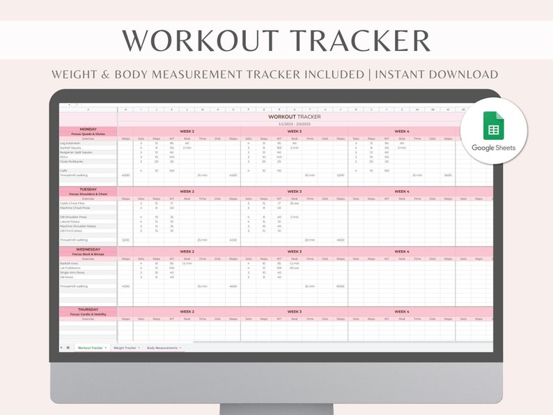 Workout Tracker Spreadsheet Google Sheets Fitness Journal - Etsy