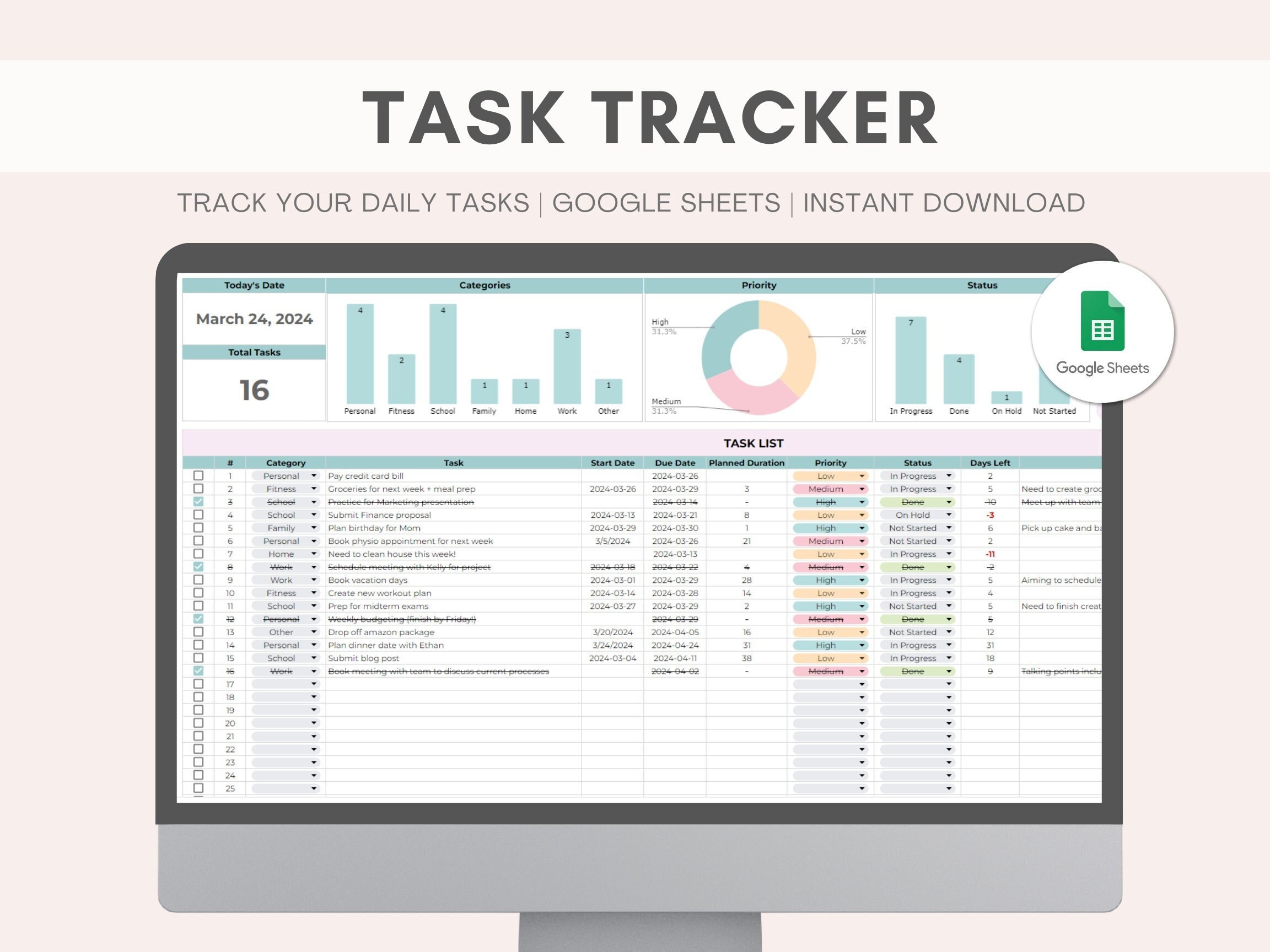 Task Tracker Spreadsheet | Daily, Weekly, Monthly | to Do List | Task ...