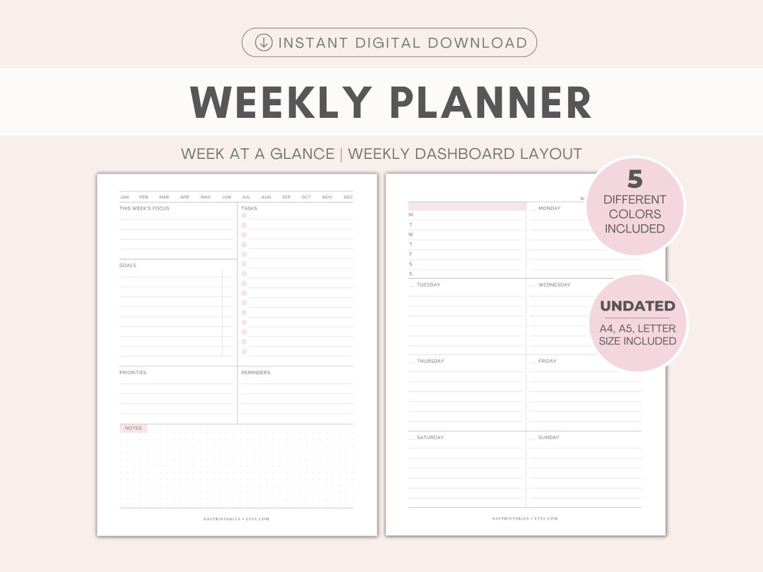 Weekly Planner | Planner Printable | WO2P | Week at a Glance, Weekly ...