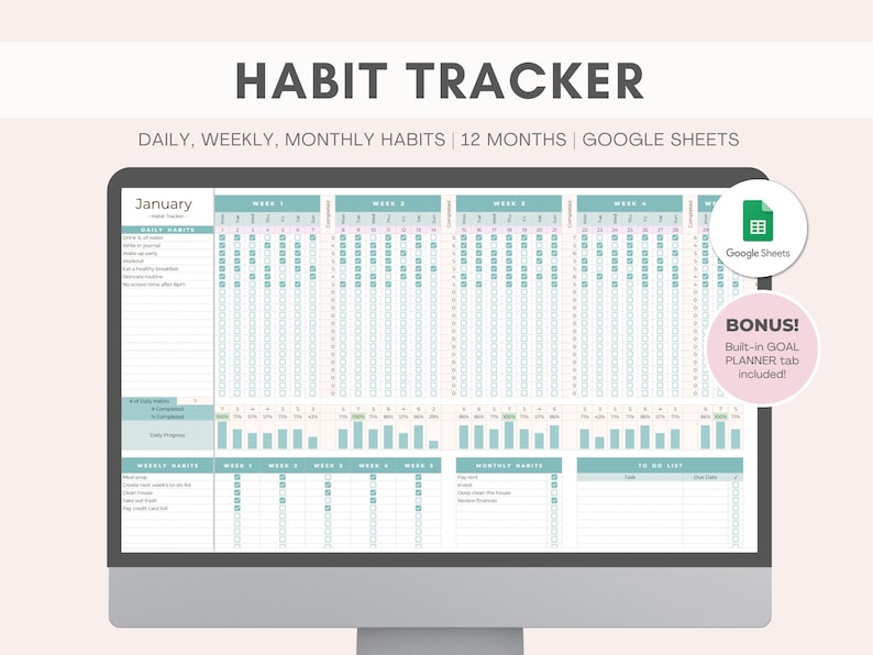 Habit Tracker Spreadsheet Google Sheets Daily, Weekly, Monthly to Do ...