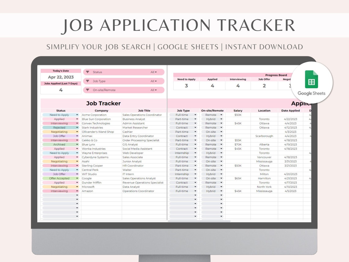 Job Application Tracker Google Sheets Job Planner - Etsy