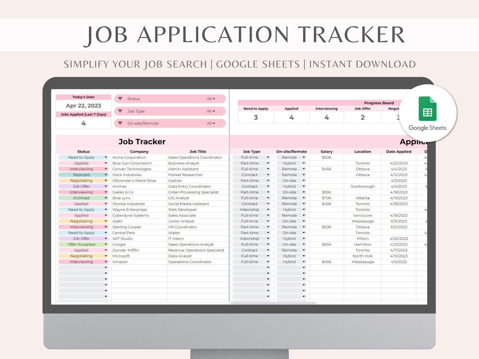 Job Application Tracker Google Sheets Job Planner - Etsy