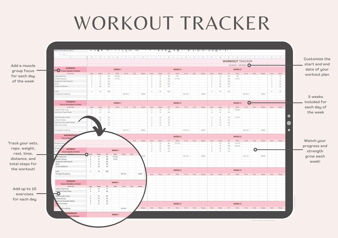 Workout Tracker Spreadsheet | Google Sheets | Fitness Journal | Weight ...