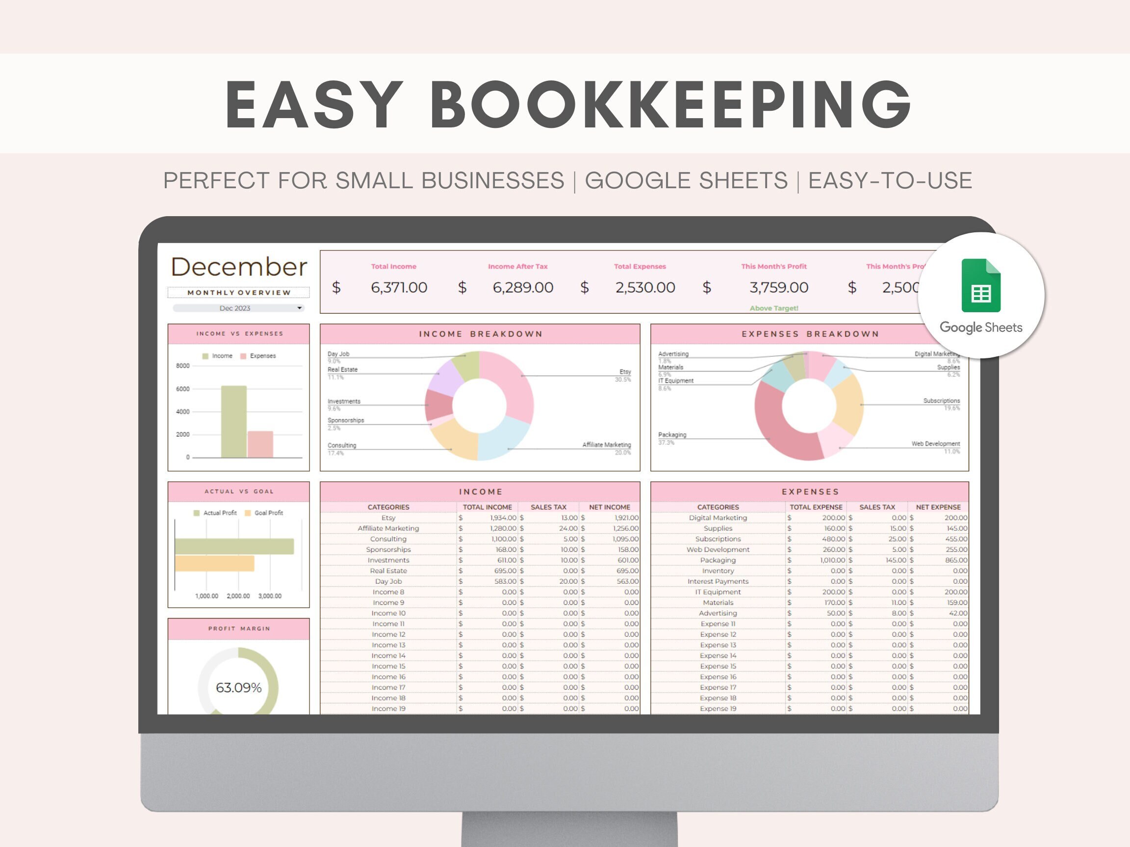 Small Business Bookkeeping Google Sheets Income & Expense Tracker ...