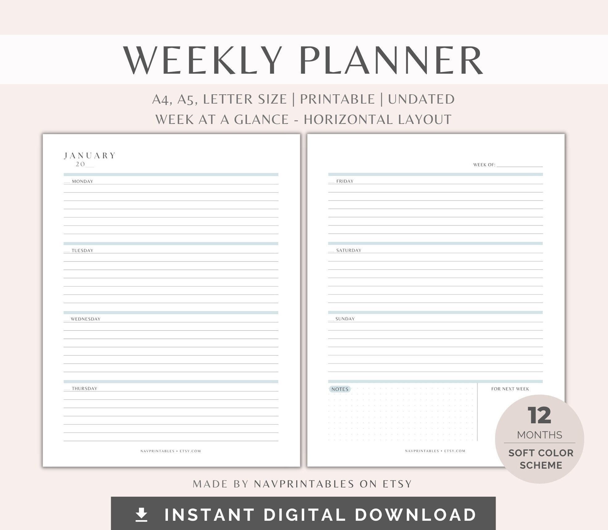 Weekly Planner Planner Printable WO2P Horizontal Layout - Etsy