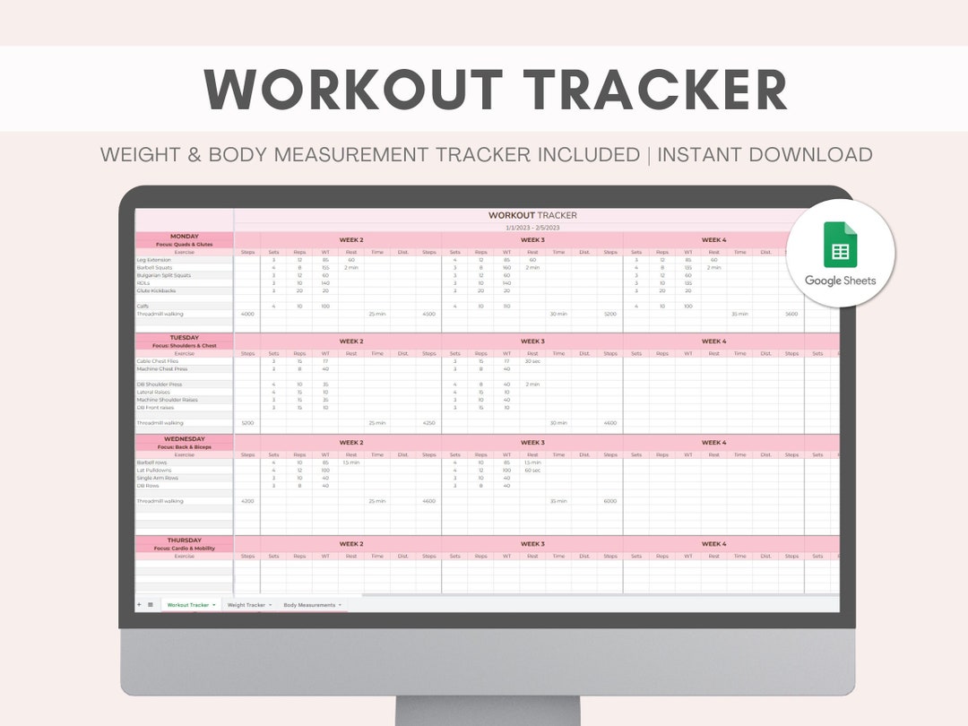 Workout Tracker Spreadsheet Google Sheets Fitness Journal Weight & Body ...